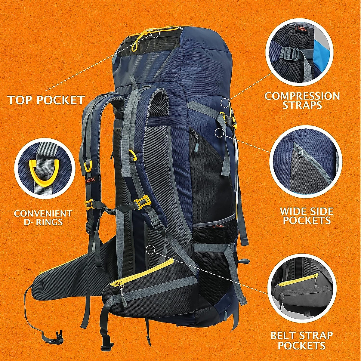 TRAWOC 65 Liter Internal Frame Trekking Hiking Backpack Travel Bag Front & Top Loading Rucksack/Water Proof Rain Cover/Shoe Compartment, HK010