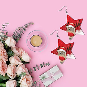 Swono Cartoon Reindeer Leather Earrings Christmas Cute Deer Red Hat Snow Snowflake Star Faux Leather Earring Lightweight Dangle Drop Earrings for Women Girls