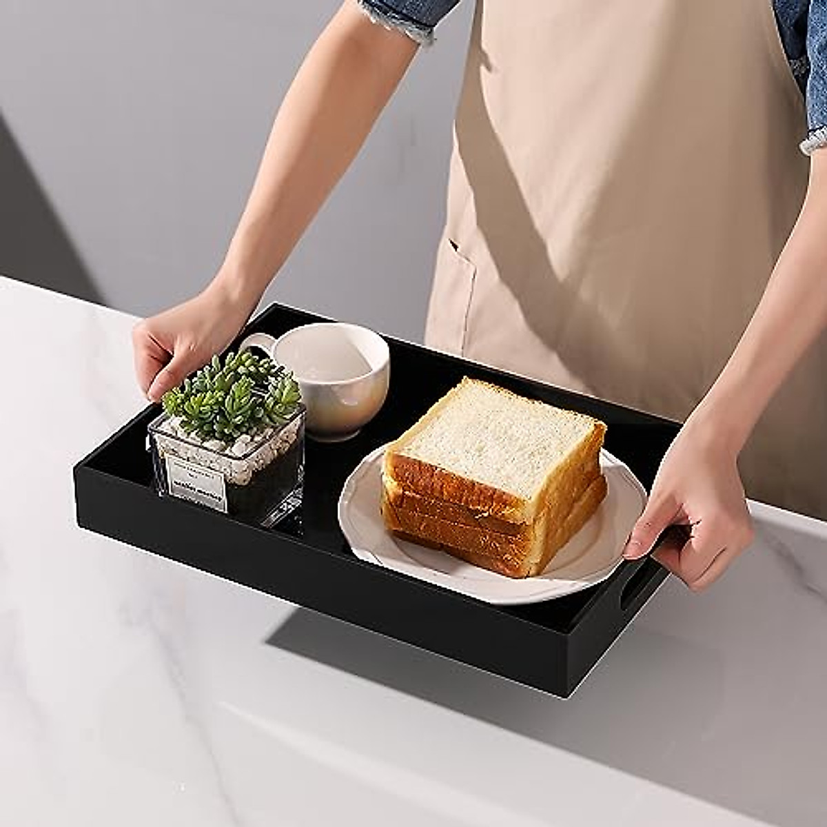 BEYLANG Glossy Black Sturdy Acrylic Serving Tray with Handles-12x20Inch-Serving Coffee,Appetizer,Breakfast,Butler-Kitchen Countertop Tray-Makeup Drawer Organizer-Vanity Table,Ottoman Tray-Decorative