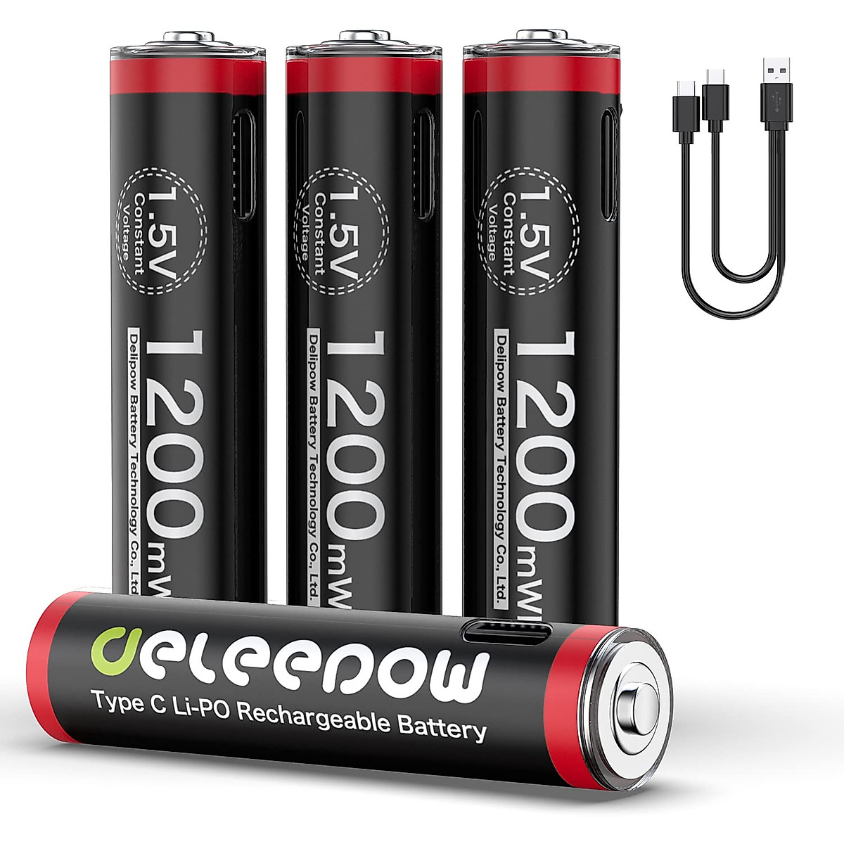 Deleepow USB Rechargeable AAA Batteries 4 Pack, USB C Rechargeable Triple A Lithium Batteries, 1200mWh 1.5V with 2-in-1 Charging Cable, 1 Hour Fast Charging AAA Rechargeable Battery