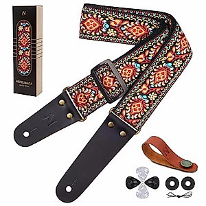 Nefelibata Guitar Strap, Embroidered Cotton Guitar Straps with Head Cowhide Leather Ends for Bass, Electric & Acoustic Guitars, with Free Strap Button, 1 Pair Strap Locks and 4 Guitar Picks (Saffron)
