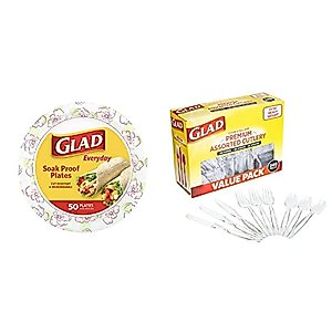 Glad Disposable Paper Plates for All Occasions | 8.5 Diameter, 50 Count Bulk Paper Plates, Pink Flower Print & Disposable Plastic Cutlery, Assorted Set