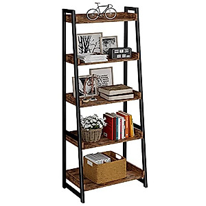 IRONCK Industrial Bookshelves 5-Tier Ladder Shelf, Storage Shelves Rack Shelf Unit, Wood Look Accent Furniture Metal Frame for Home Office, Bathroom, Living Room