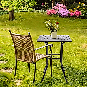 Omelaza Patio Height Bar Table, Outdoor Bistro Square High Top Dining Table with 1.57'' Umbrella Hole & Steel Slat Table Top (Black)