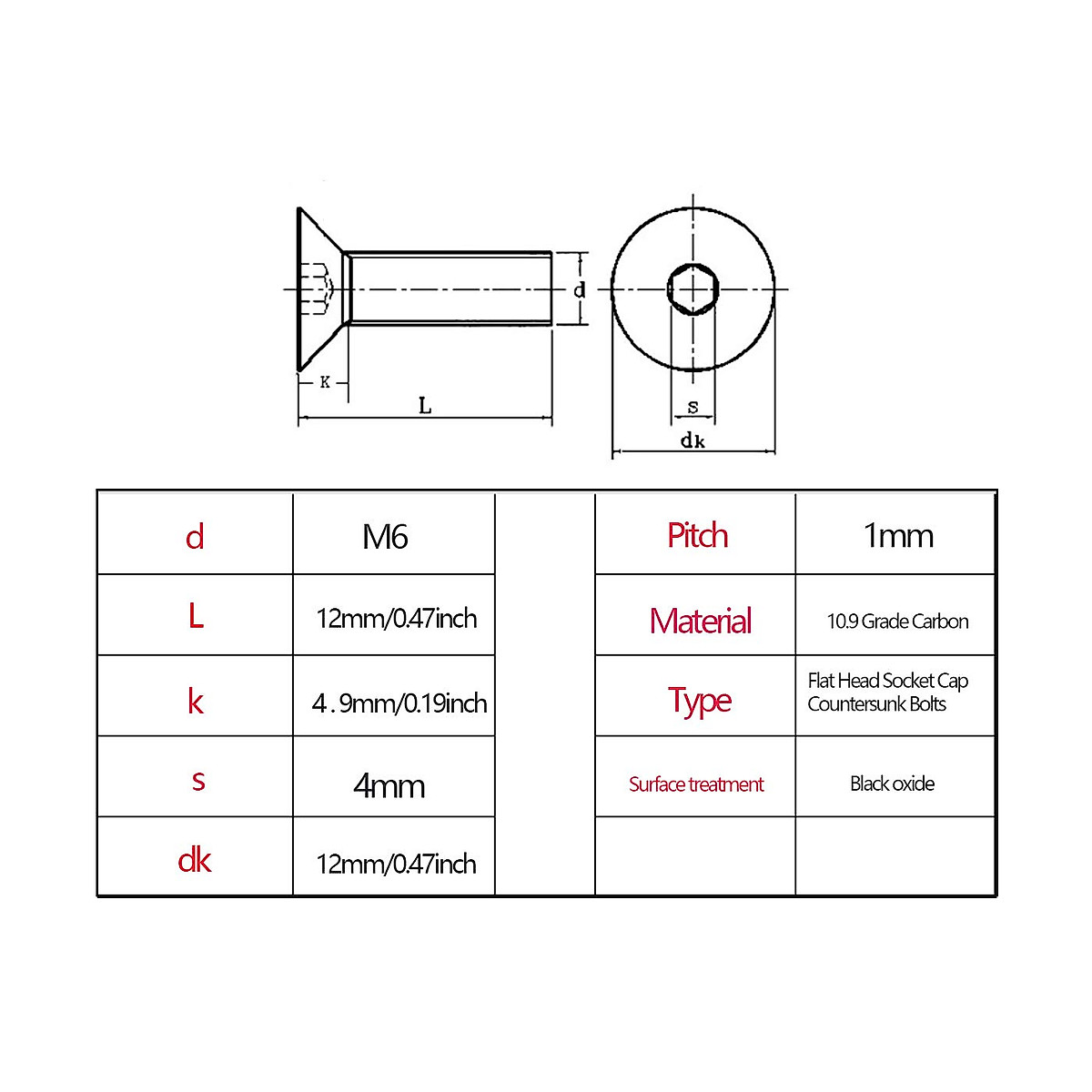 25pcs M6-1.0 X 12mm Flat Head Socket Cap Countersunk Bolts, 10.9 Grade Grade Carbon，Hex Drive Flat Head