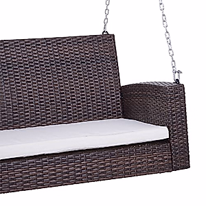 Outsunny 2 Person Wicker Hanging Swing Bench, Front Porch Swing Outdoor Chair with Cushions 550 lbs. Weight Capacity for Backyard, Garden, Cream White