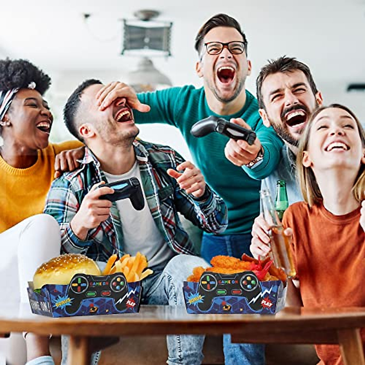 Funrous 50 Pcs Video Game Birthday Party Favors 2lb Disposable Paper Food Trays Snack Plates Gamer Birthday Party Decorations Supplies Gaming Food Boats Serving Trays for Nacho Hot Dogs Popcorn(Blue)