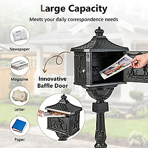 Giantex Cast Aluminum Mailbox with Post - Locking Residential Mailboxes for Outside with Keys, Baffle Door, Expansion Bolts, Address Panel, In-Ground Rust-Proof Large Security Postal Mailbox (Black)