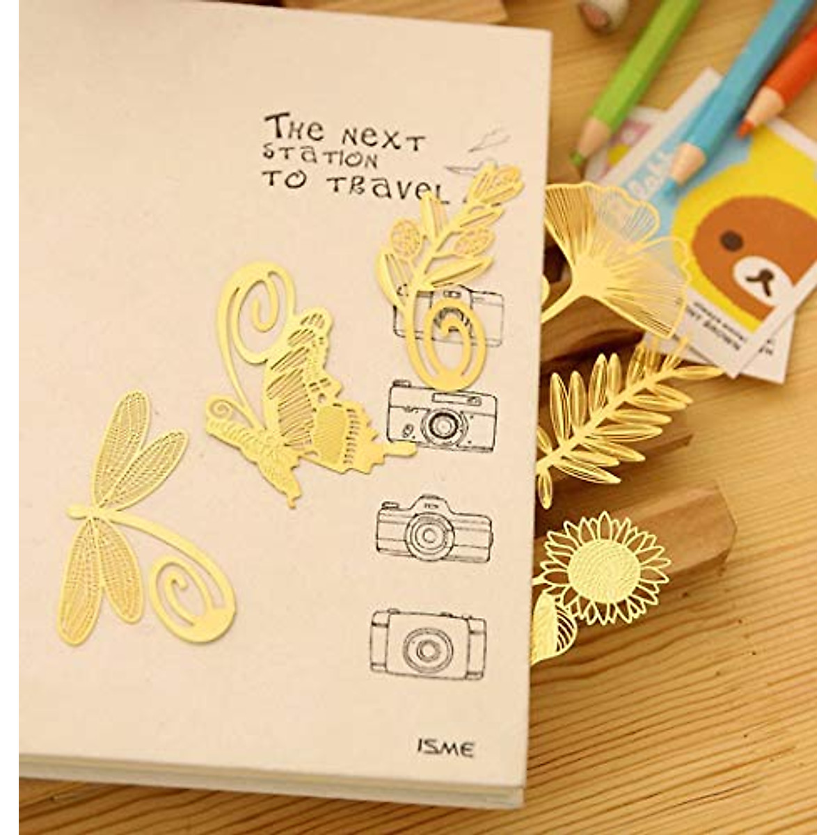 yueton Pack of 8 Cute Cartoon Art Feather Butterfly Dragonfly Gingkgo Monkey Pred Perry Sunflower Olive Branch Metal Gold Bookmarks Book Mark Reading New Novelty + Free Gift