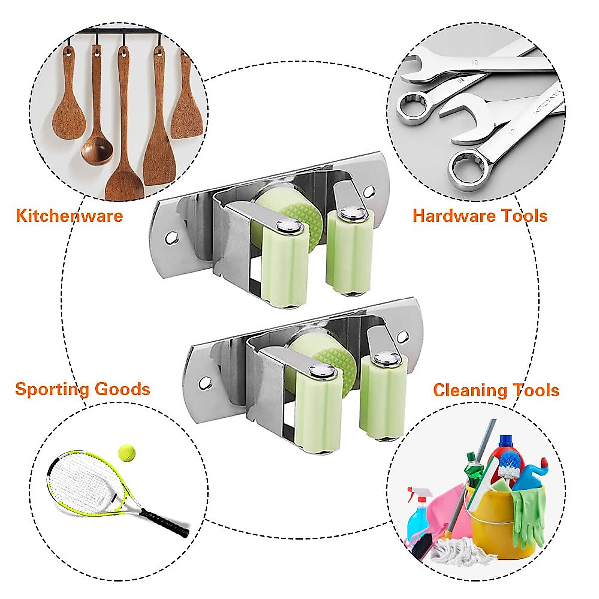 Ikasus Heavy Duty 5PCS Broom and Mop Holder, Orange, Stainless Steel