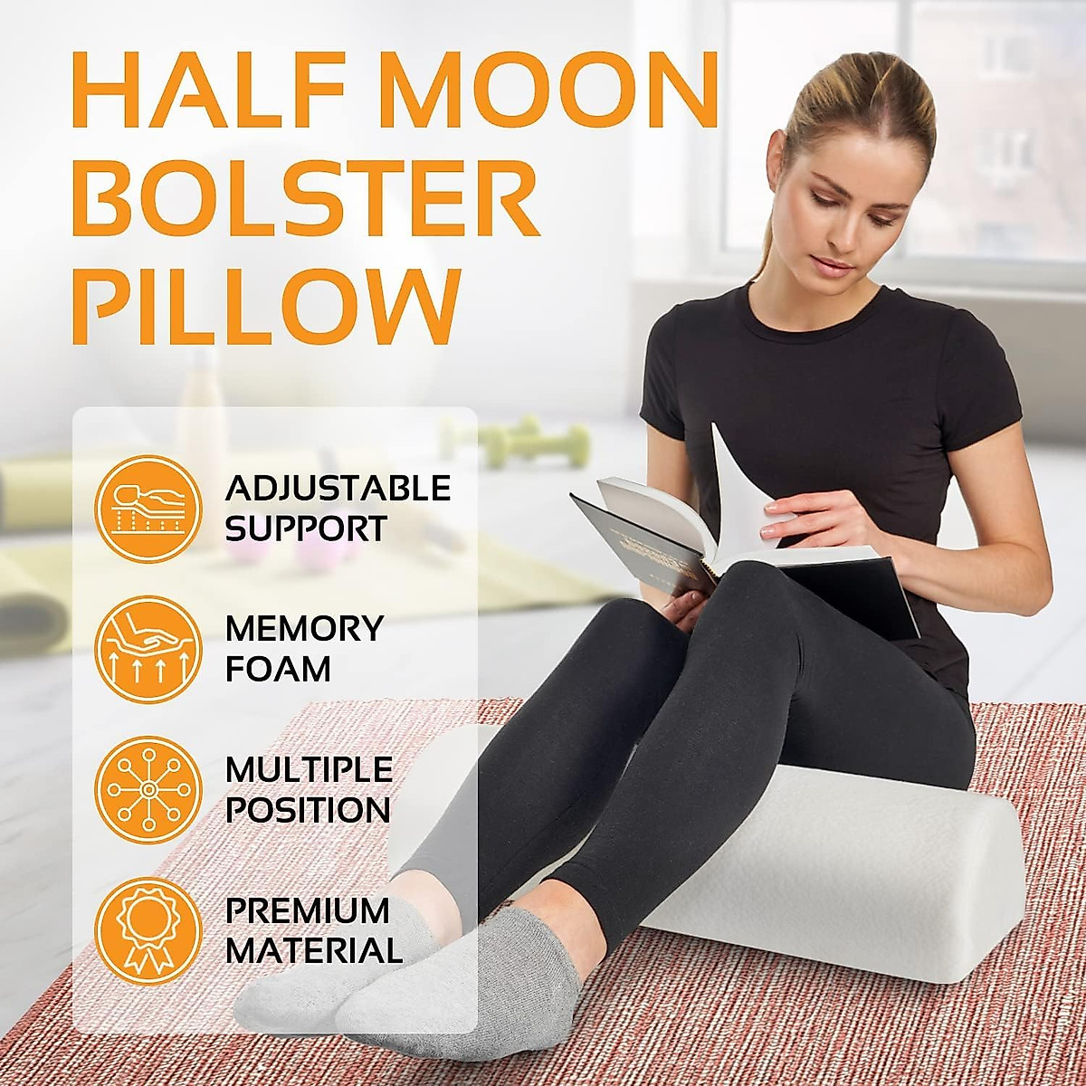 AllSett Health Large Half Moon Bolster Pillow for Legs, Knees, Lower Back and Head, Lumbar Support Pillow for Bed, Sleeping | Semi Roll for Ankle and Foot Comfort - Machine Washable Cover, White
