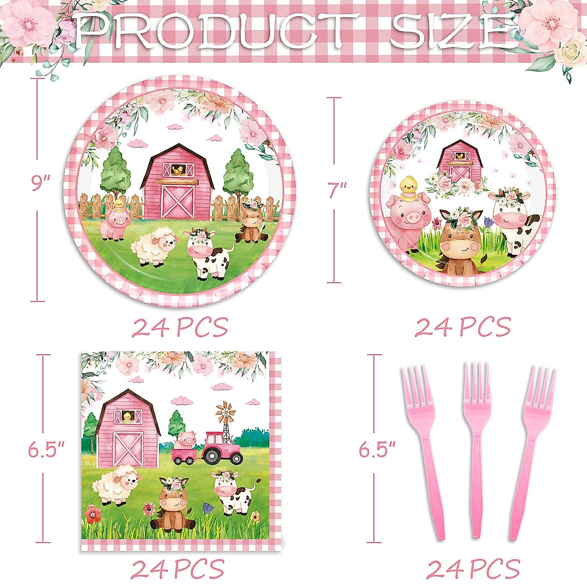 96PCS Farm Animals Party Supplies Tableware Set Farm Birthday Party Barn Animal Theme Party Cute Pink Animal Baby Shower Dessert Plate Dinner Plate Paper Napkins Forks Dinnerware for 24 Guests