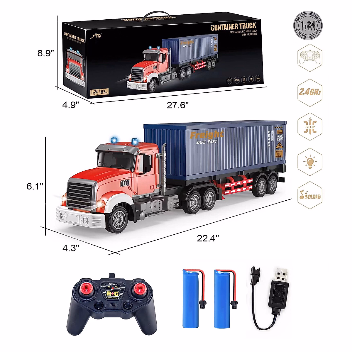 RC Semi Truck with Trailer - 22.5 Inch Semi Truck Toy for Kids, Carrier Van Transport Vehicle with 2 Rechargeable Batteries, 1:24 Container Truck with LED Lights & Music, Great Gift For Boys Girls