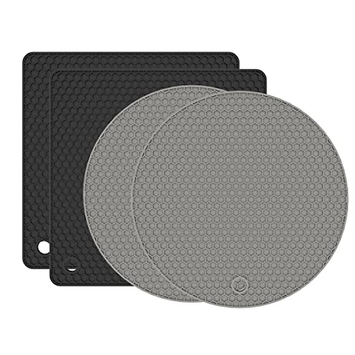 Y6S 4Pcs Silicone Trivet Mats Anti-Slip Square Round Hot Pads Heat-Resistant Hot Holders Spoon Dishes Rest Pad Easy to Wash and Dry BPA Free Dishwasher Safe for Kitchen Counter Y6S(Black and Gray)