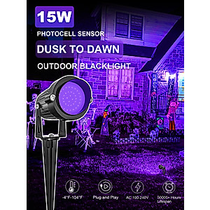 DOREIO Halloween 120V Blacklight Spotlight 15W Outdoor LED Landscape Lighting Dusk to Dawn Photocell Light Sensor with US Plug for Glow Dance Party, Body Paint, Fluorescent Poster, Neon Glow(1 Pack)