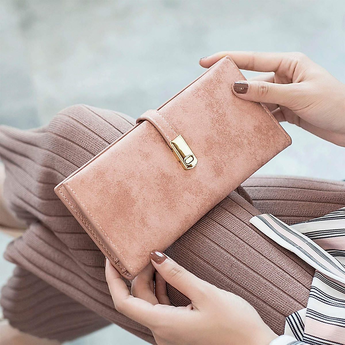 AOXONEL Womens Slim Wallet RFID Ladies Wallets Long Bifold Thin Skinny,Magnetic Closure (Pink)