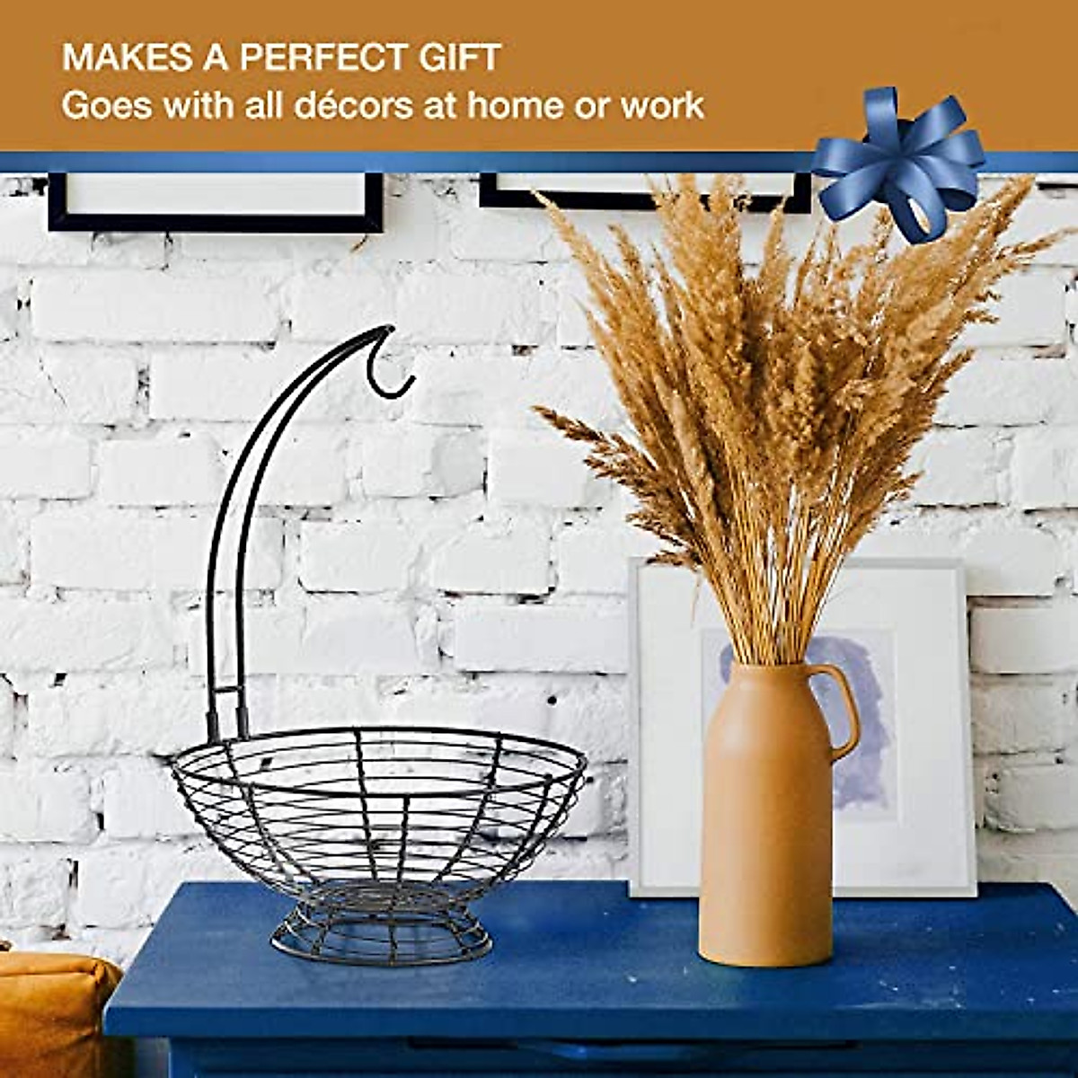 REGAL TRUNK & CO. Fruit Basket for Kitchen, 16.5 Rustic French Farmhouse Black Fruit Bowl with Removable Banana Holder Basket, Ideal to Store your Fruit & Vegetable, Medium Size, Birthday Gift