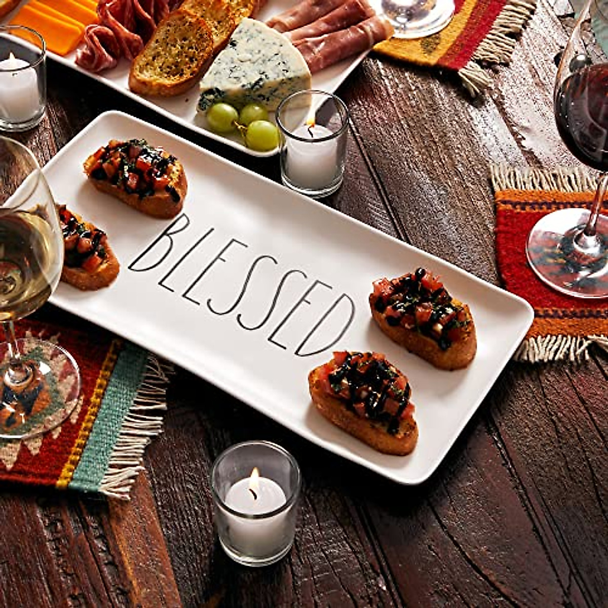 Rae Dunn Melamine Serving Platter- Durable Dishwasher Safe White Rectangular Dessert Plate/Salad Plates (14.25") - Serving Trays for Parties, Sushi, Serving Plates, Blessed