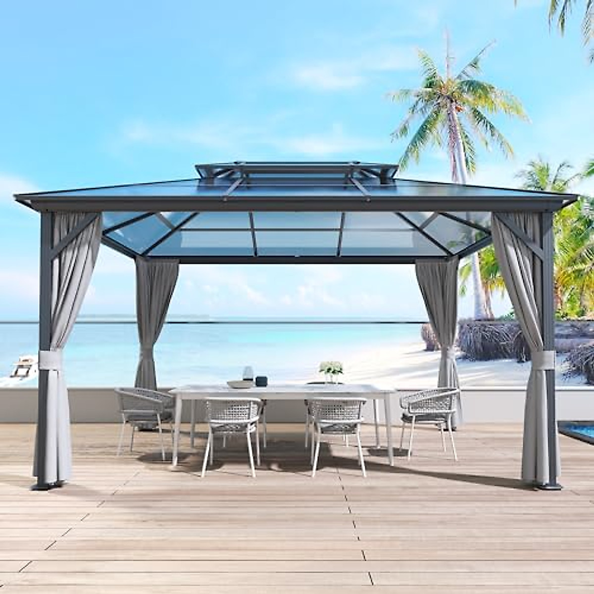 Joyside 10x13 ft Outdoor Hardtop Gazebo with Double-Tier Polycarbonate Roof, Aluminum Frame Gazebo with Netting and Curtain Included, Suitable for Lawn Backyard Patio