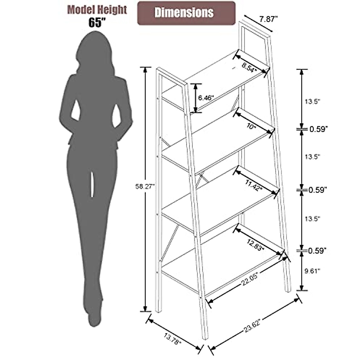 LuxenHome 4 Tier Ladder Bookshelf, 58'' Modern Leaning Bookshelf, Solid Real Wood Bookcase, Rustic Shelves with Industrial Metal Frame, Tall Wide Bookshelf Storage for Classroom, Light-Oak