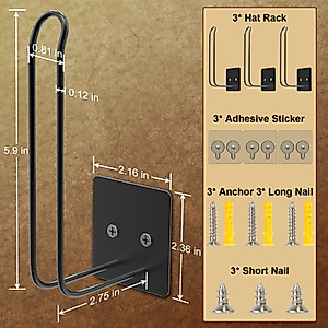 HzTinT 3 Pack Metal Hat Rack, Hat Organizer for Baseball Caps, No Drilling Adhesive/Drilling Hat Holder Storage Organizer for Wall Mount Closet Door, Black