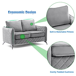 Artechworks Velvet Loveseat Sofa Couch Mid Century Modern, Tufted Upholstery, Reception Love Seats,2-Seat Chair Couch,Office,Home,Bedroom,Livingroom, Apartment, Silver Tone Metal Legs, Grey