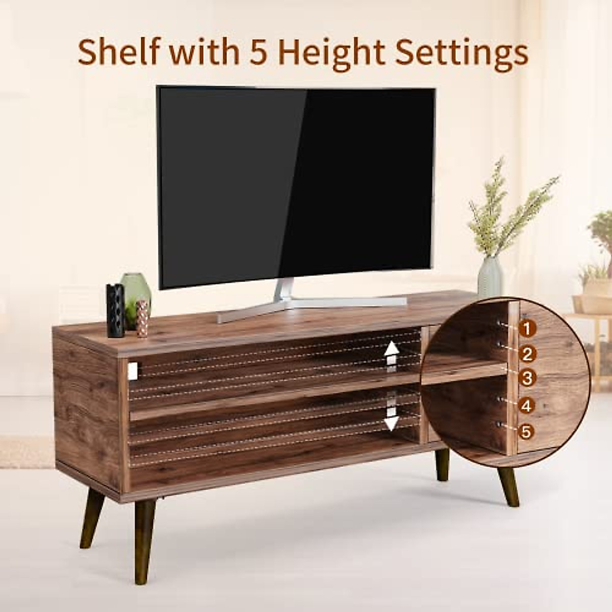 Retro TV Stand with Storage Cabinet for TVs up to 55 inch, TV Console for Media, Mid Century Modern TV Stand & Entertainment Center, Wooden TV Stand for Living Room/Bedroom, Walnut, APRTS01WN