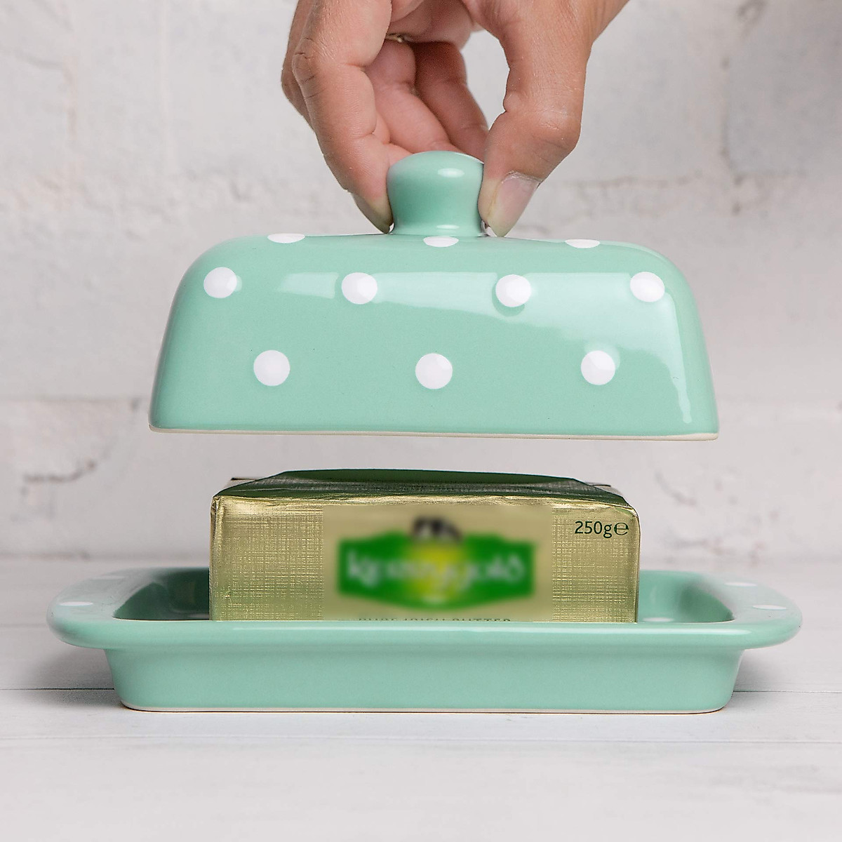 Handmade Ceramic European Covered Butter Dish With Lid | Unique Teal and White Polka Dot Pottery Butter Keeper | Housewarming Gift by City to Cottage®