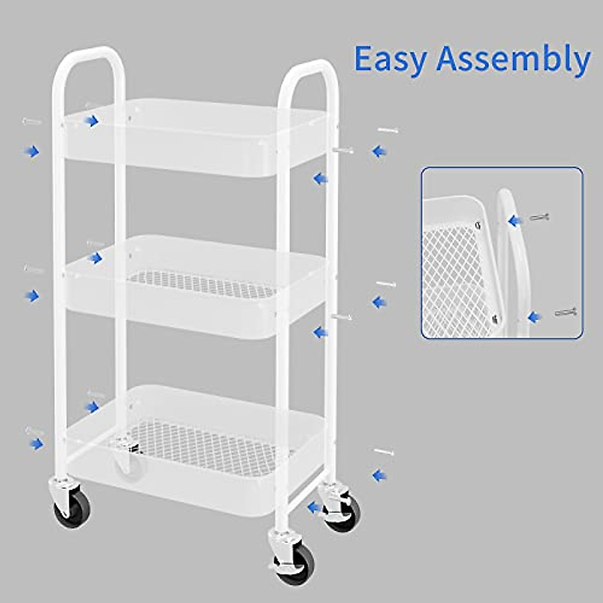 Simple Trending 3-Tier Heavy Duty Metal Utility Rolling Storage Cart with Lockable Wheels, White