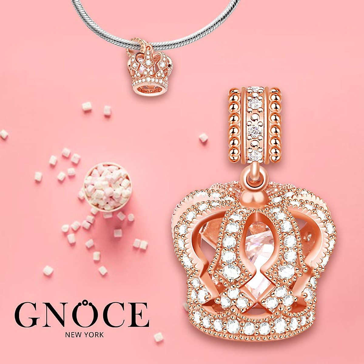 GNOCE 18K Rose Gold Charm Pendant 925 Sterling Silver You Are The Queen Crown Dangle Charm With Cz Fairytale Princess Prince Noble Splendor Shine Crown Bead Fit All Bracelet Necklace