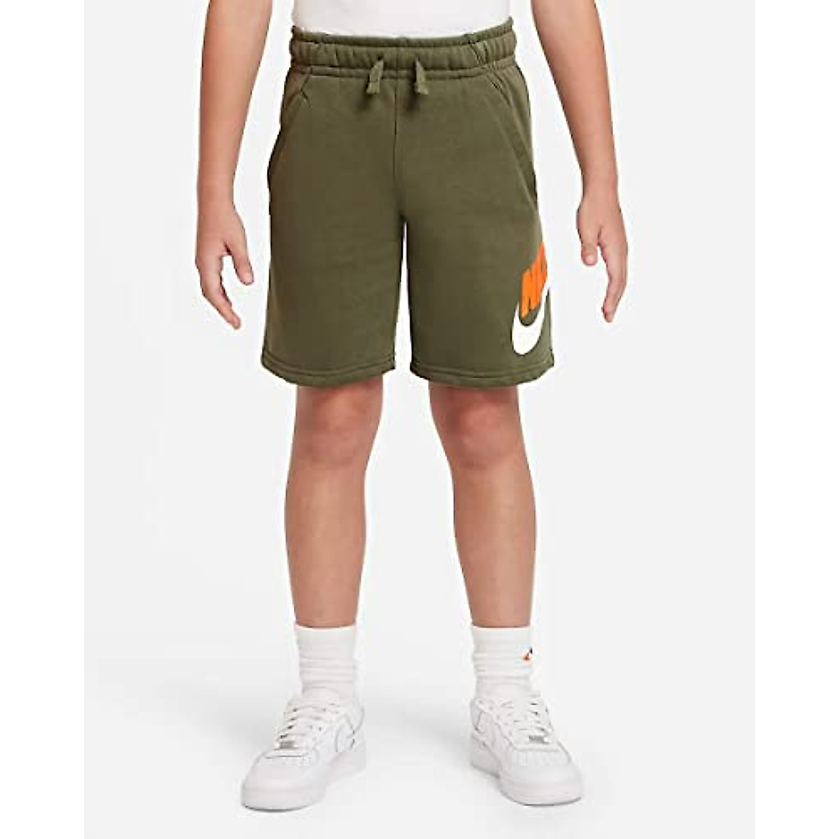 Nike Sportswear Club + HBR Fleece Shorts (Big Kids) (Medium, Medium Olive/Total Orange/White)