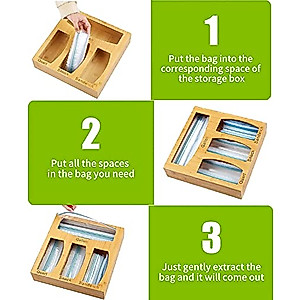 Food Ziplock Bag Storage Organizer For Kitchen Drawer, Bamboo Baggie Holder, Compatible With Ziploc, Solimo, Glad, Hefty For Gallon, Quart, Sandwich And Snack Variety Size Bags(1 Box 4 Slots)