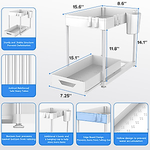 Fkprorjv Under Sink Organizers and Storage, 2 Pack Kitchen Bathroom Sink Organizer with Hooks, 2 Tier Under Sink Cabinet Basket Storage Shelf with Sliding Drawers, White