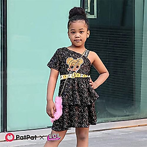 L.O.L. Surprise! Girls Tiered Dress Figure Print Layered One Shoulder Casual Dress Flowy Dress Size 6-12 Black 8-9 Years