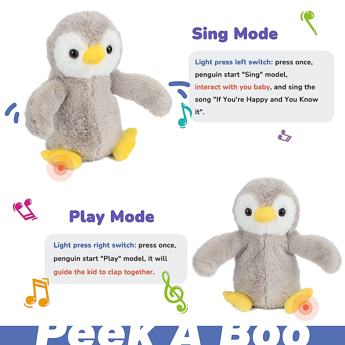 Hopearl Clappy Penguin Interactive Musical Stuffed Animal Singing Plush Toy Adorable Electric Animate Birthday Festival for Kids, Gray, 10''