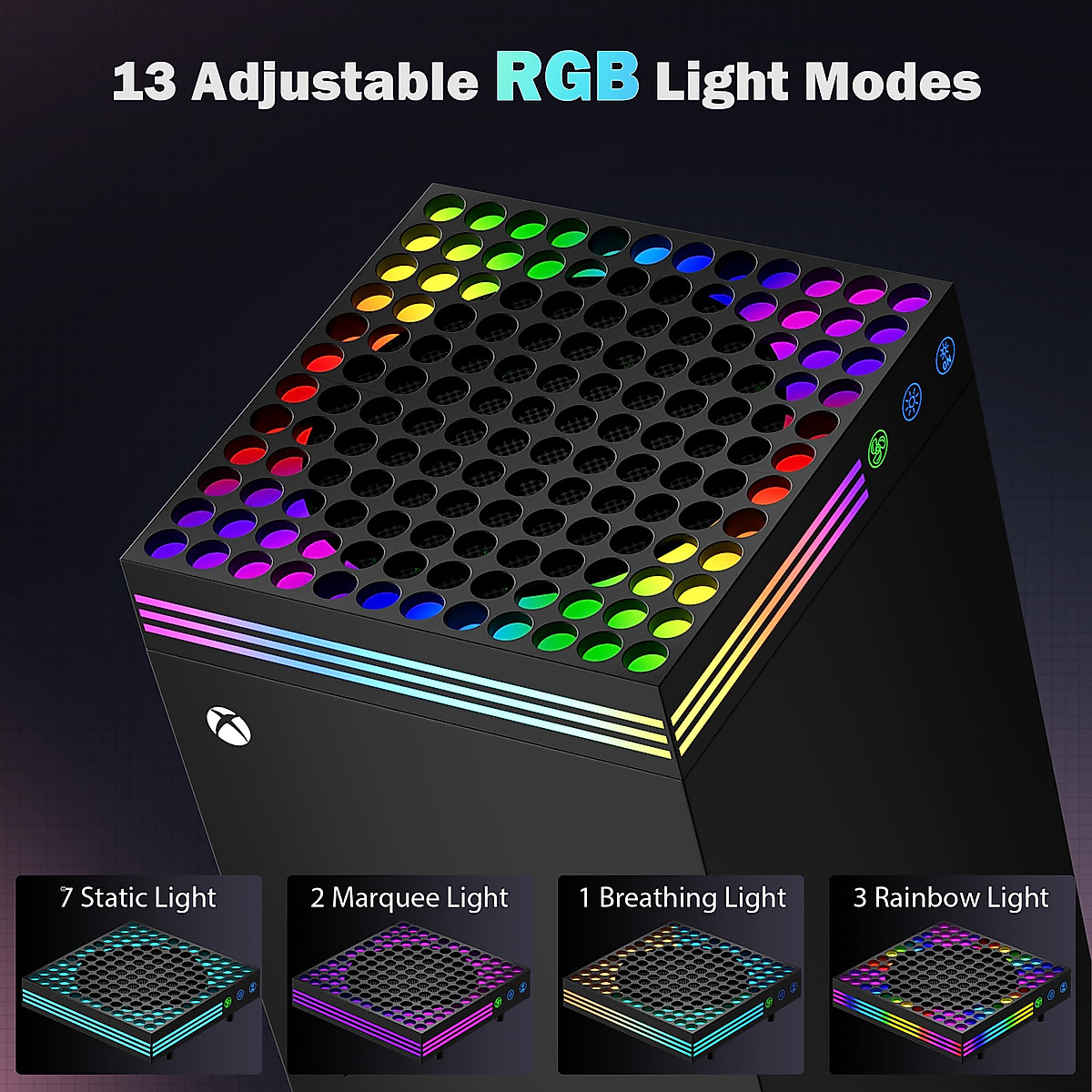 Wall Mount with RGB Cooling Fan for Xbox Series X - includes 4 Controller Holders and 2 Headphone Stands