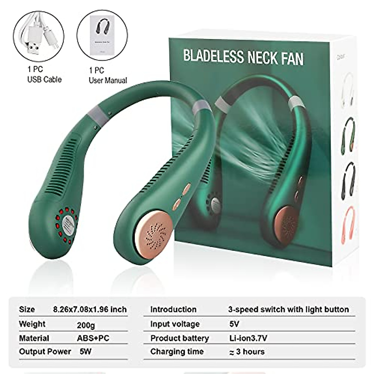 RDF Personal Neck Fan,Bladeless Rechargeable USB Powered Fan,Adjustable Strong Cooling Wind with Light(Green)