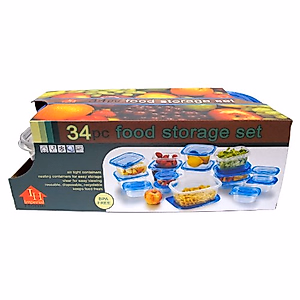 34 Piece Plastic Food Container Set - 17 Plastic Storage Containers with Air Tight Lids