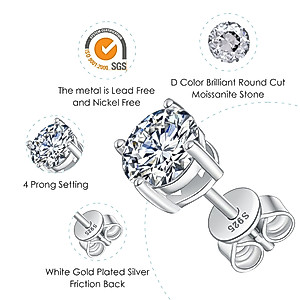 Moissanite Stud Earrings for Women,0.6-4ct 18K White Gold Plated Silver Friction Back and Post for Women Men, D Color VVS1 Round Lab Created Diamond Earrings Men