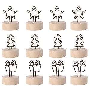 YBB 12 Pcs Christmas Wooden Base Place Card Holder, Xmas Tree Star Gift Shaped Picture Memo Note Photo Clip Number Holder Table Card for Christmas Party Wedding Home Bar Decoration