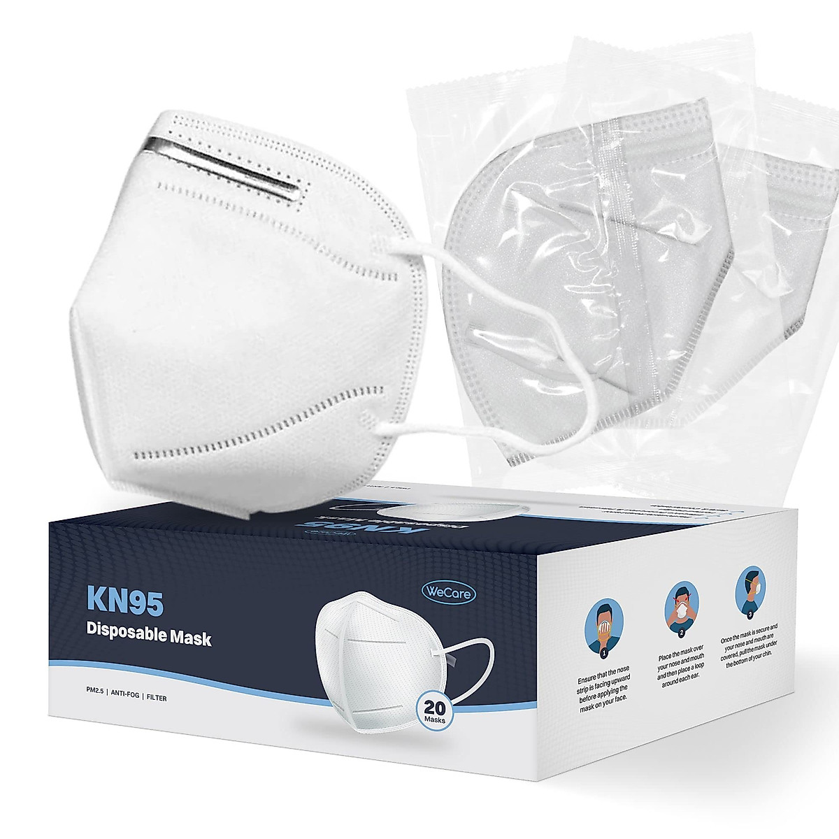 WECARE White KN95 Adult Face Masks 20 Pack - Individually Wrapped Disposable 4 Ply Particulate Respirator Mask - Anti Fog, PM2.5, Comfortable Folded Design