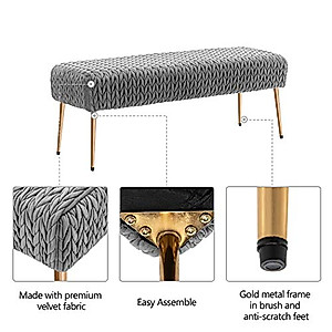 Duhome Modern Quilt Velvet Ottoman Bench, Upholstered Entryway Bench for livingroom Bedroom Benches for End of Bed with Gold Legs, Padded Soft Dining Kitchen Bench Vanity Benches,Grey