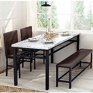 Lamerge Kitchen Table and 2 Chairs for 4 with Bench,Faux Mable Dining Table Set for 4 w/Storage Rack,Dining Room Table Set Dinner Table for Small Spaces, Apartment,White+Brown