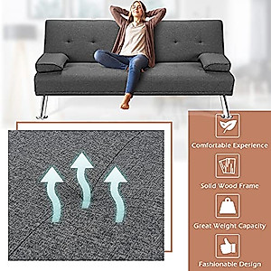 POWERSTONE Futon Sofa Bed Convertible Folding Sleeper Sofa with 2 Cup Holders Metal Legs Adjustable Pillows Recliner Modern Linen Living Room Couch (Grey)