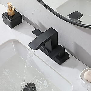 Friho Extra Large Rectangular Spout 4 Inch Two Handle Centerset Matte Black Bathroom Faucet,Waterfall Bathroom Sink Faucet Lavatory RVs Vanity Faucets for Sink 3 Hole with Water Hoses and Pop up Drain