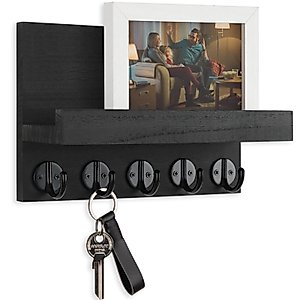 Lwenki Key Holder Wall Mount - 9.8" x 6.7" x 4.2" Entryway Organizer with 5 Metal Hooks Holds Wallet, Sunglasses, Bags, Dog Leash - Real Paulownia Wood Decorative Key Hanger with Shelf (Black)