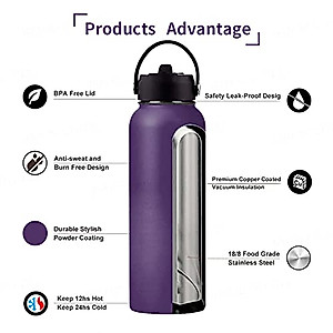 HKM Brothers Insulated Stainless Steel Water Bottle – Straw-Spout-Handle Lids, Vacuum Wide Mouth GalonWater Bottles – Ring-Collapsible – Straw Lids