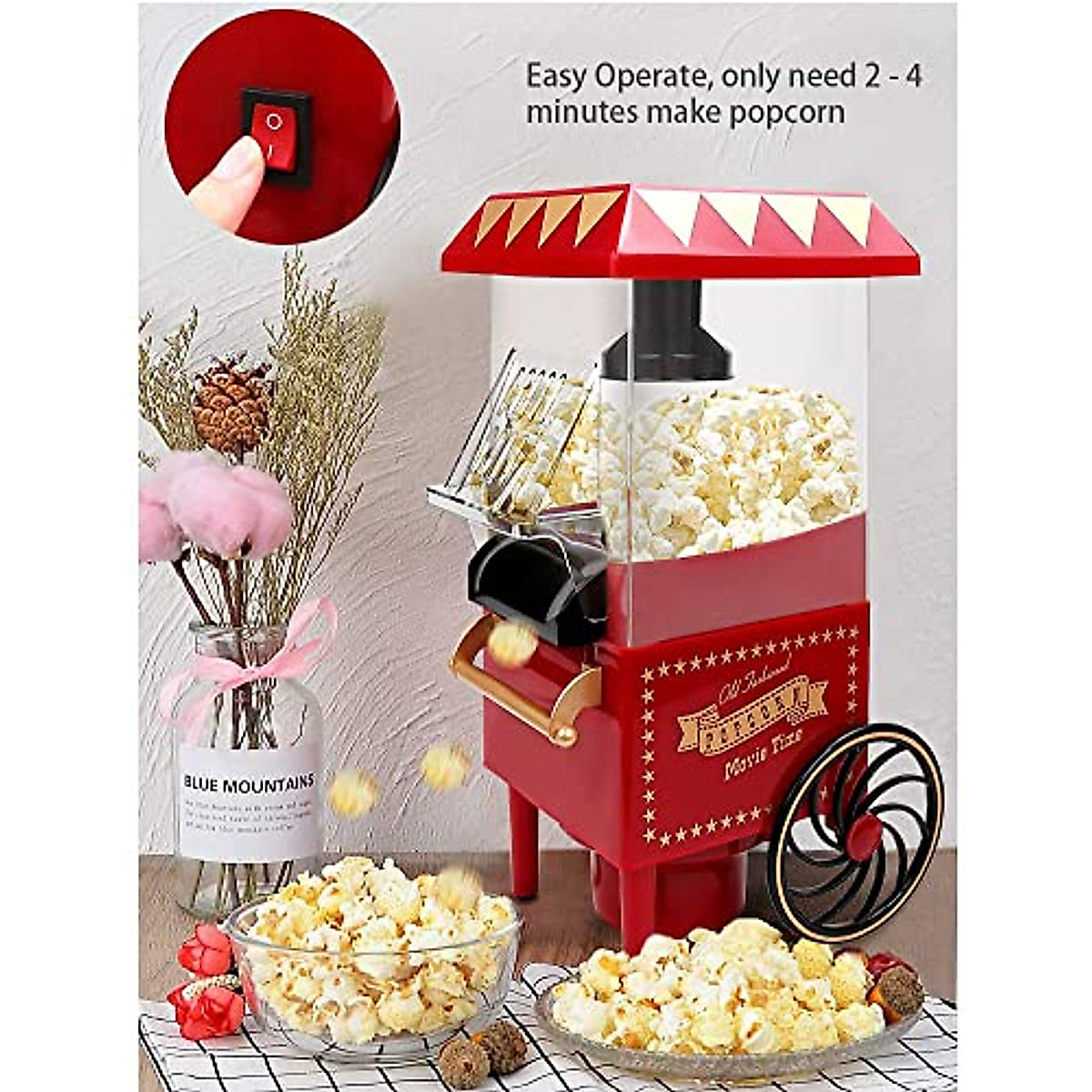 VAlinks Hot Air Popcorn Machine, Popcorn Maker, 1200W Home Electric Popcorn Popper with Kernel Measuring Scoop, Healthy Oil-Free & BPA-Free for Home, Birthday Party, Movie Night or Christmas (Small)