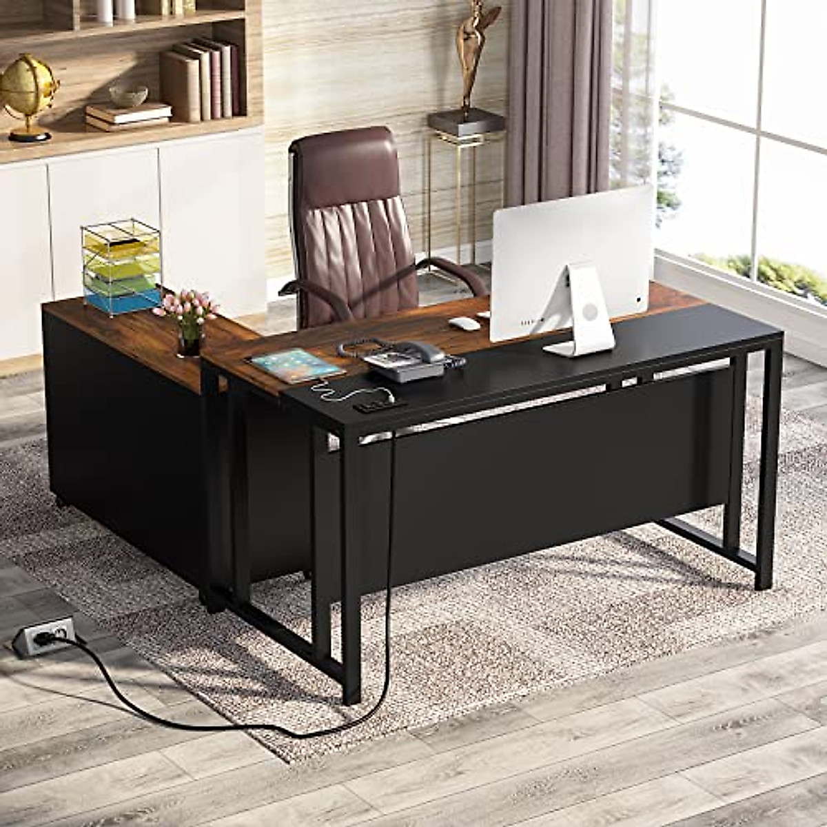 Tribesigns L-Shaped Computer Desk with Power Outlet and Drawer Cabinet, 55 inch Large Executive Office Desk Business Furniture with 40 inch Lateral File Cabinet Printer Stand for Home Office(Brown)