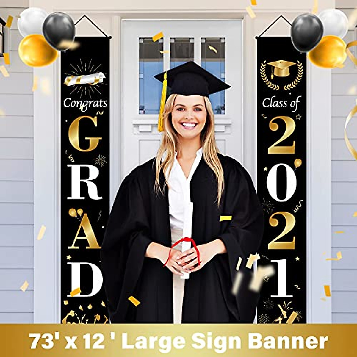 Graduation Decorations-2021,Graduation Decoration Hanging Banner Home Door Porch , Welcome Home Decor Sign,Congrats Graduation Party Supplies Hanging Gold Black And White Banner